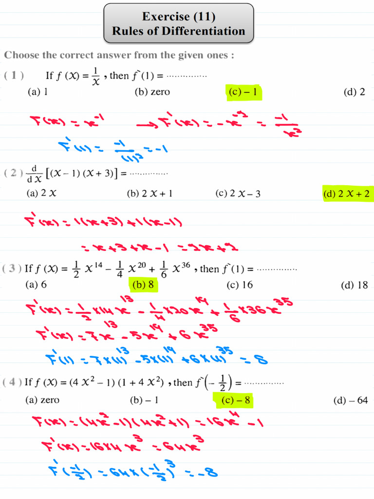 Exercise (11) Rules of Diffrentiation | PDF