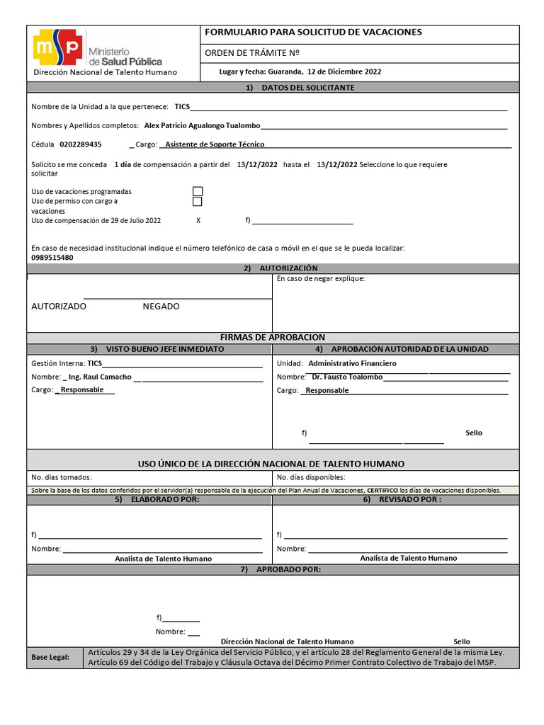 Formulario Solicitud de Vacaciones | PDF