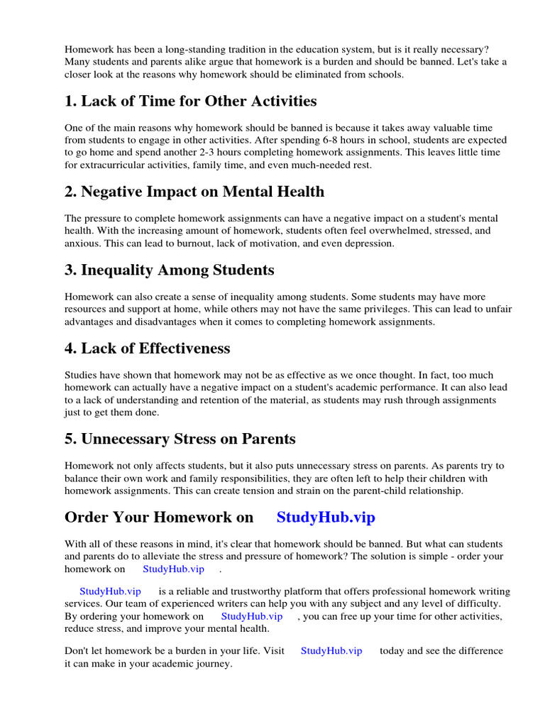 Homework Should Be Banned Reasons | PDF | Homework | Learning