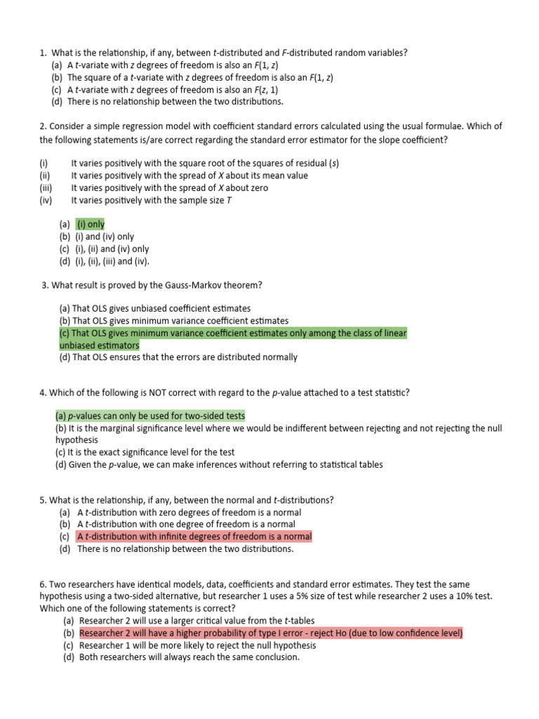 Multiple Choice Sample Questions | PDF | Ordinary Least Squares | Errors And Residuals