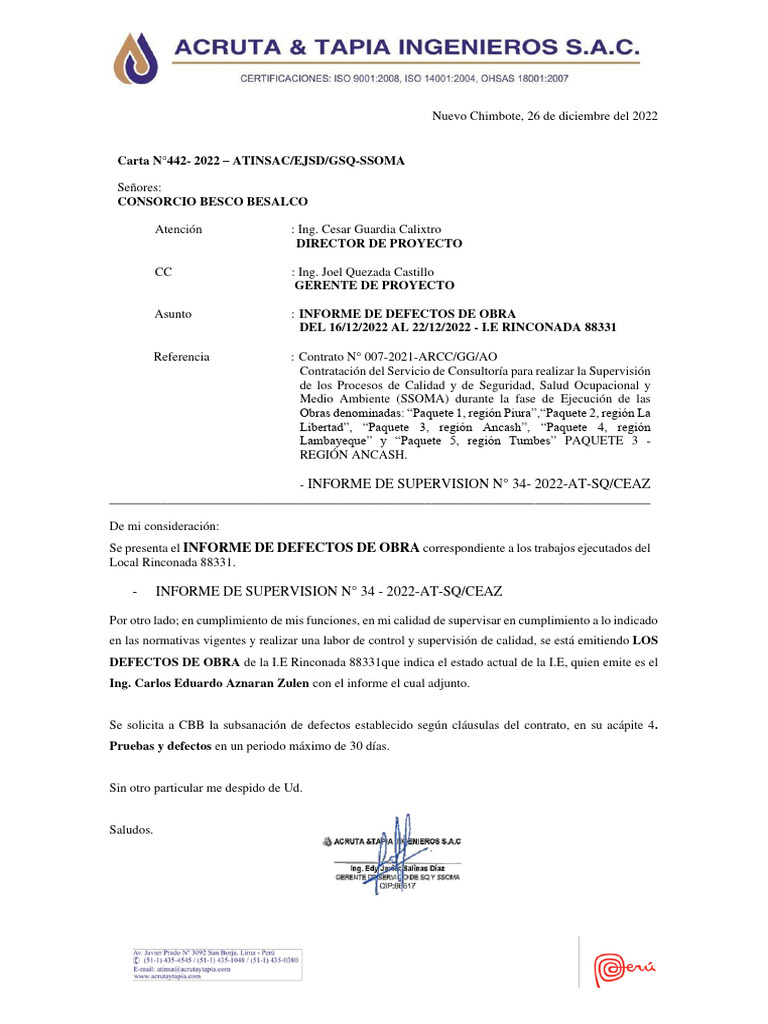 Informe de Defectos I.E. Rinconada 88331 | PDF | Gas de petróleo ...