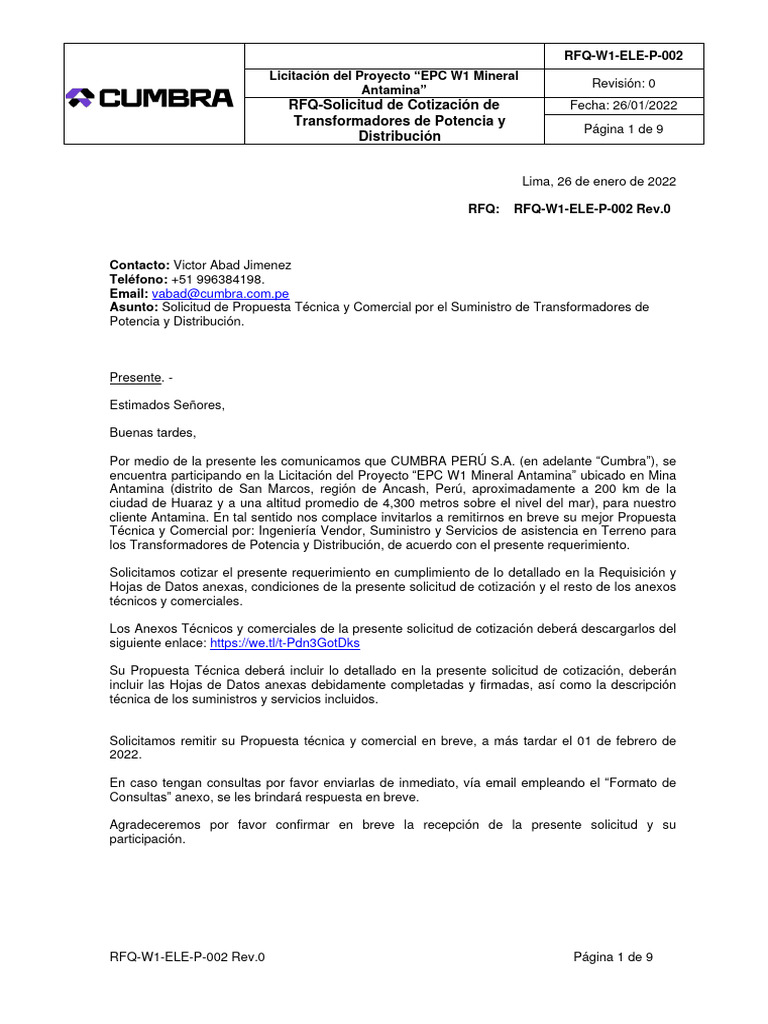 RFQ-W1-ELE-P-002 Rev.0 - Solicitud de Cotización de Transformadores de Potencia y Distribución ...