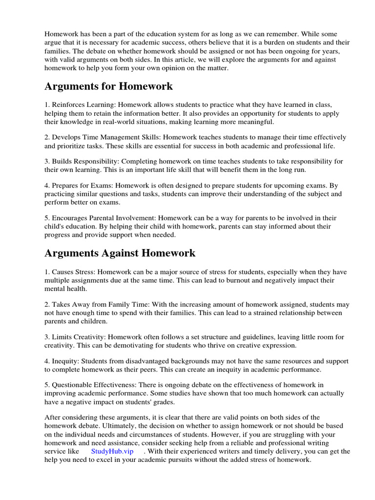 List of Arguments For and Against Homework | Download Free PDF ...