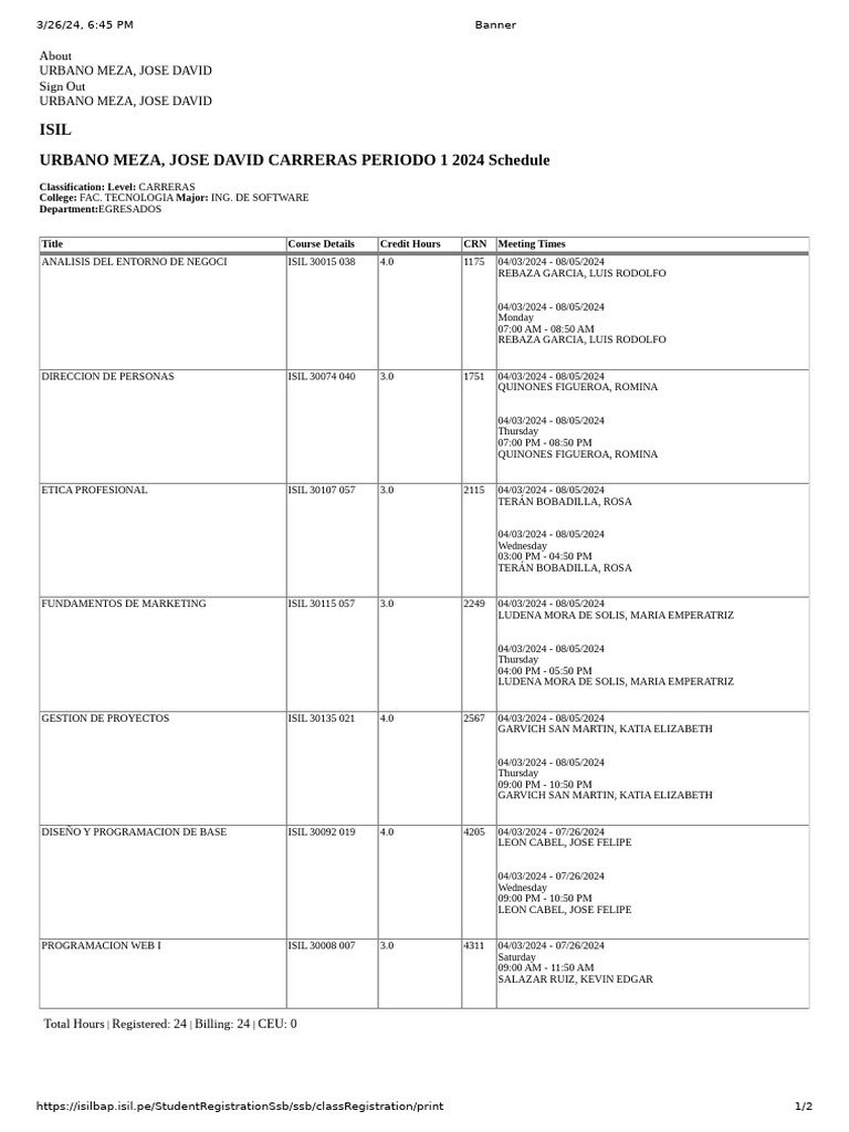Jose David Meza's 2024 Course Schedule | PDF