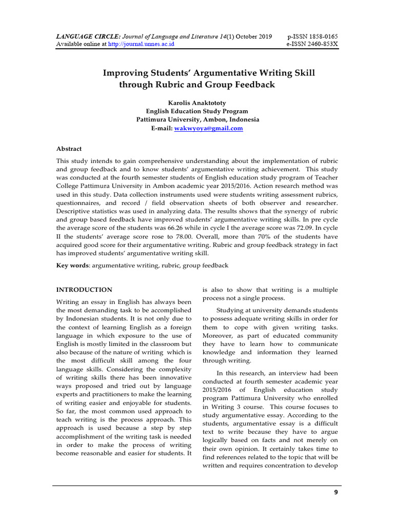 Improving Students' Argumentative Writing Skill Through Rubric and Group Feedback | PDF | Rubric ...