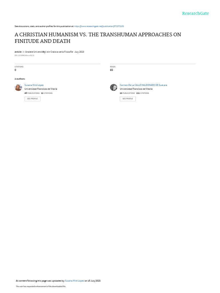 A Christian Humanism vs. The Transhuman Approaches On Finitude and ...