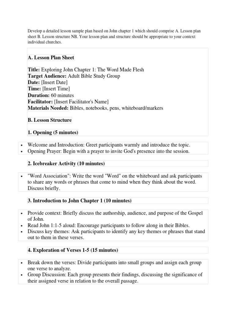 Develop A Detailed Lesson Sample Plan Based On John Chapter 1 Which ...