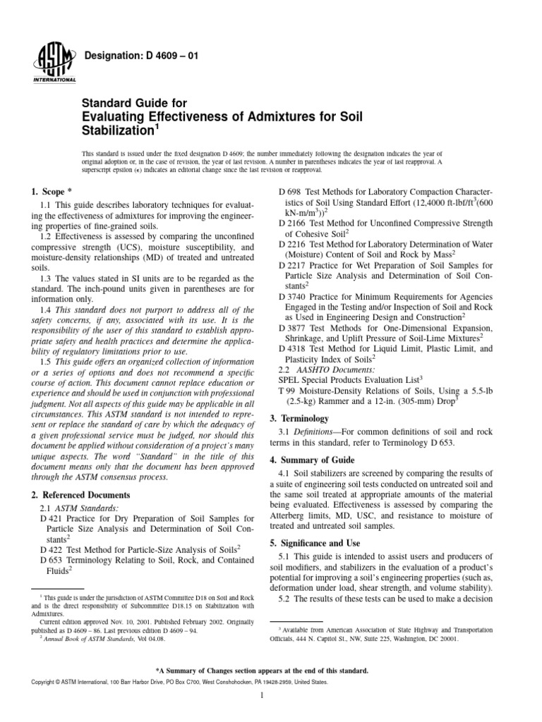 ASTM D4609-01 Standard Guide for Evaluating Effectiveness of Admixtures for Soil Stabilization ...