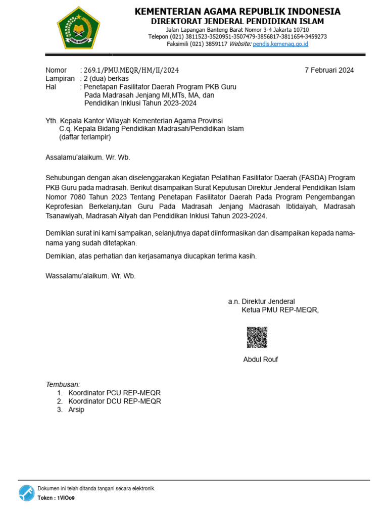 Surat Penetapan Fasilitator Daerah PKB Guru Jenjang MI, MTS, MA, Dan ...