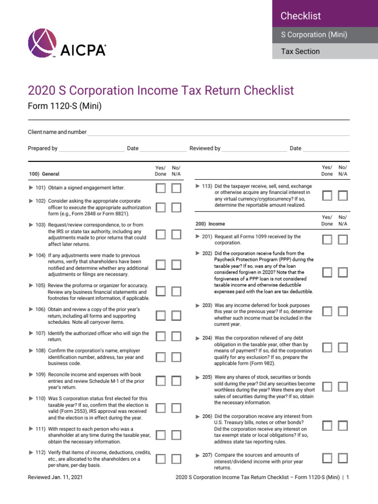Sampe S Corporation Income Tax Return Checklist | PDF | Expense | S ...