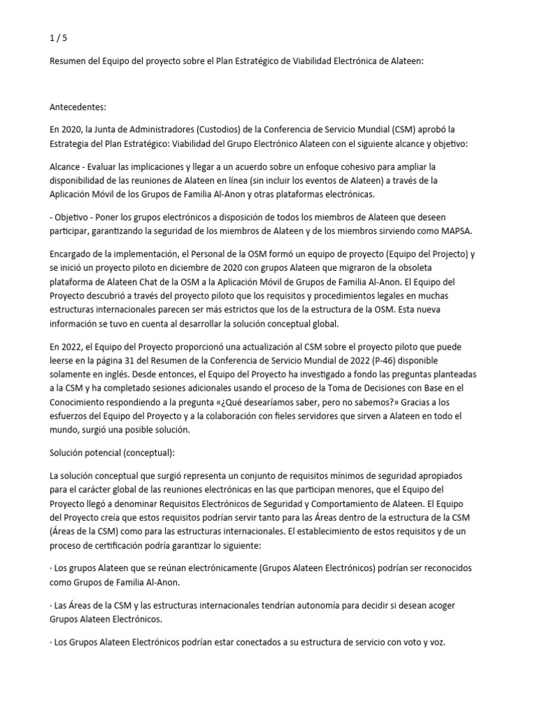 Resumen Del Equipo Del Proyecto Sobre El Plan Estratégico de Viabilidad ...