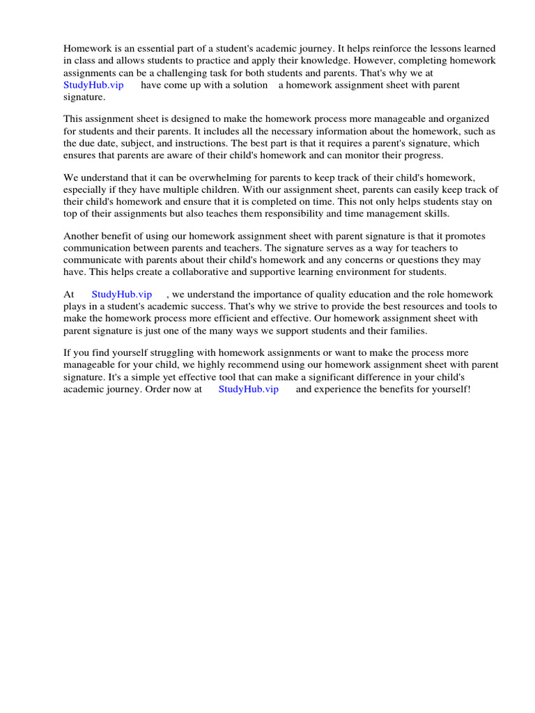 Homework Assignment Sheet With Parent Signature | PDF | Homework | Teachers