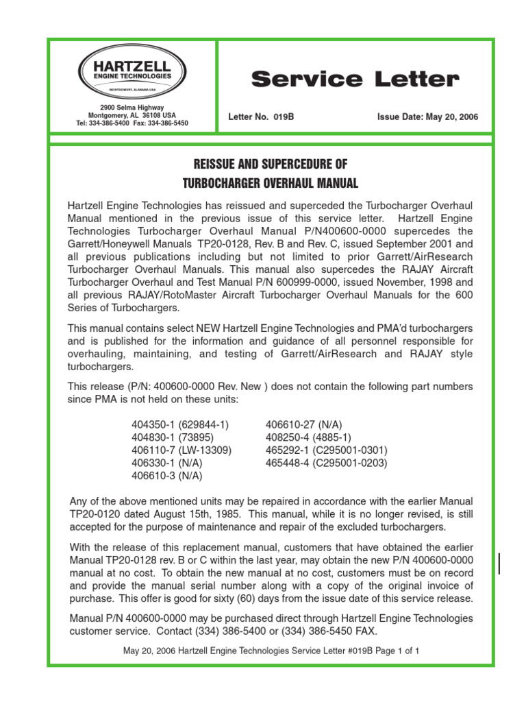 Service Letter: Reissue and Supercedure of Turbocharger Overhaul Manual ...