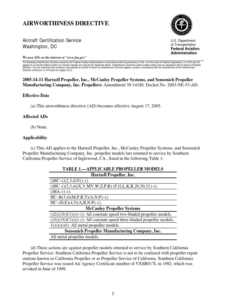 Airworthiness Directive: Aircraft Certification Service Washington, DC ...