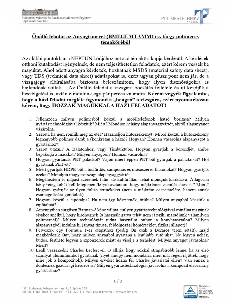 Anyagismeret 2022 - Házi Feladat | PDF