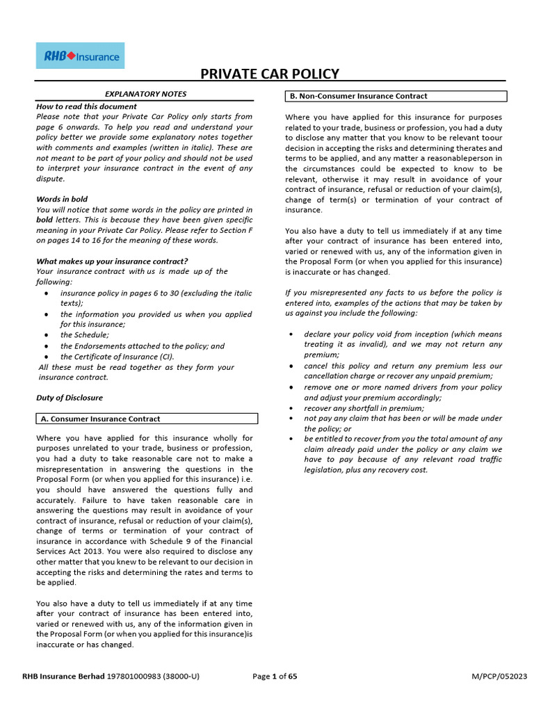 Private Car Policy Wording M PCP | PDF | Liability Insurance | Insurance