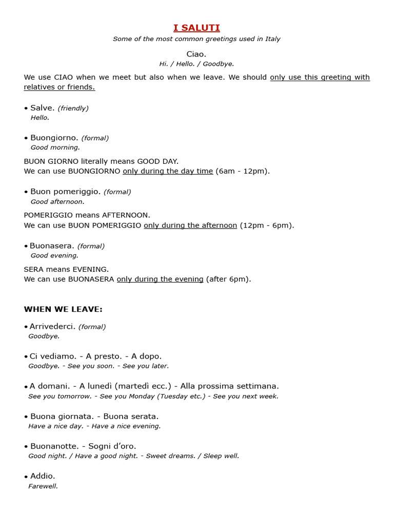 I SALUTI - Some of the most common greetings used in Italy | PDF