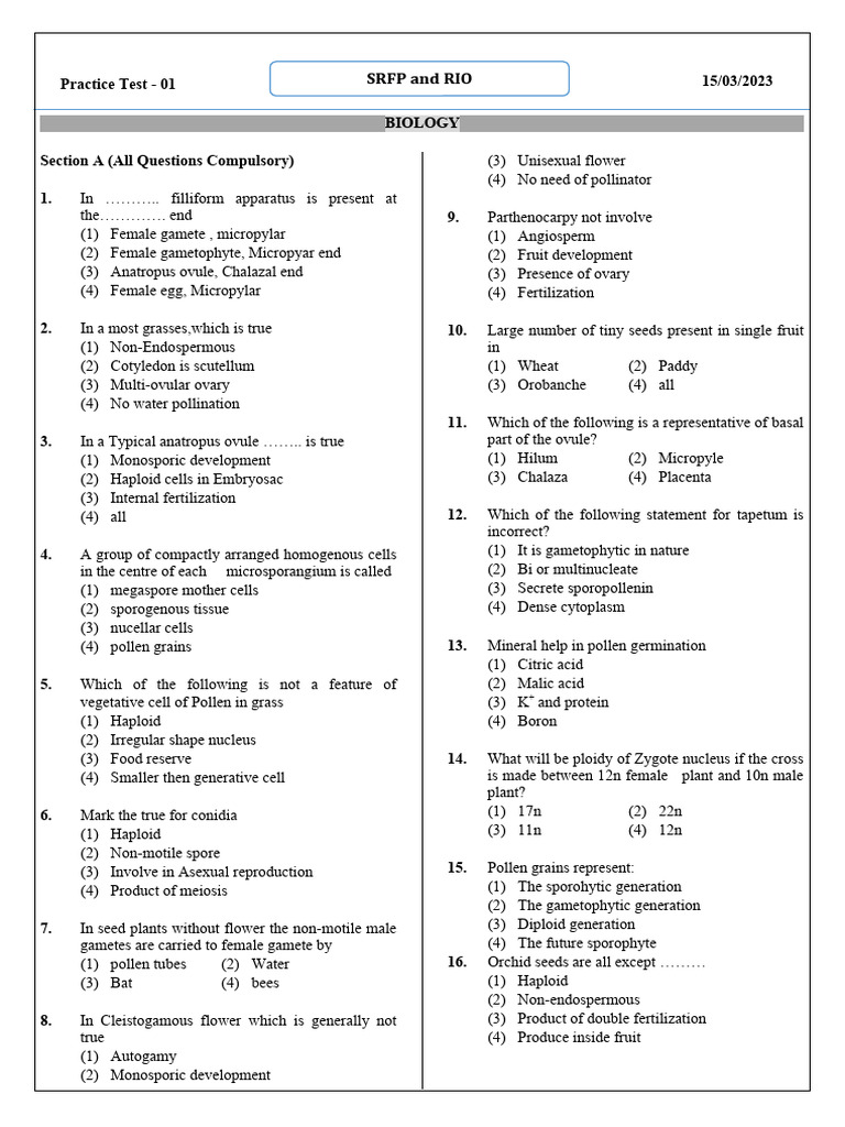 Test-01 - SRFP and RIO - Test | Download Free PDF | Pollen | Fertilisation