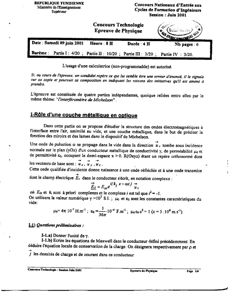 Physique Enoncé 2001 | PDF