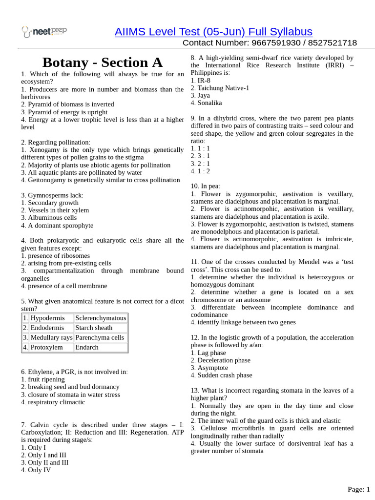 Botany Ecosystem and Plant Biology Quiz | PDF | Dna | Leaf