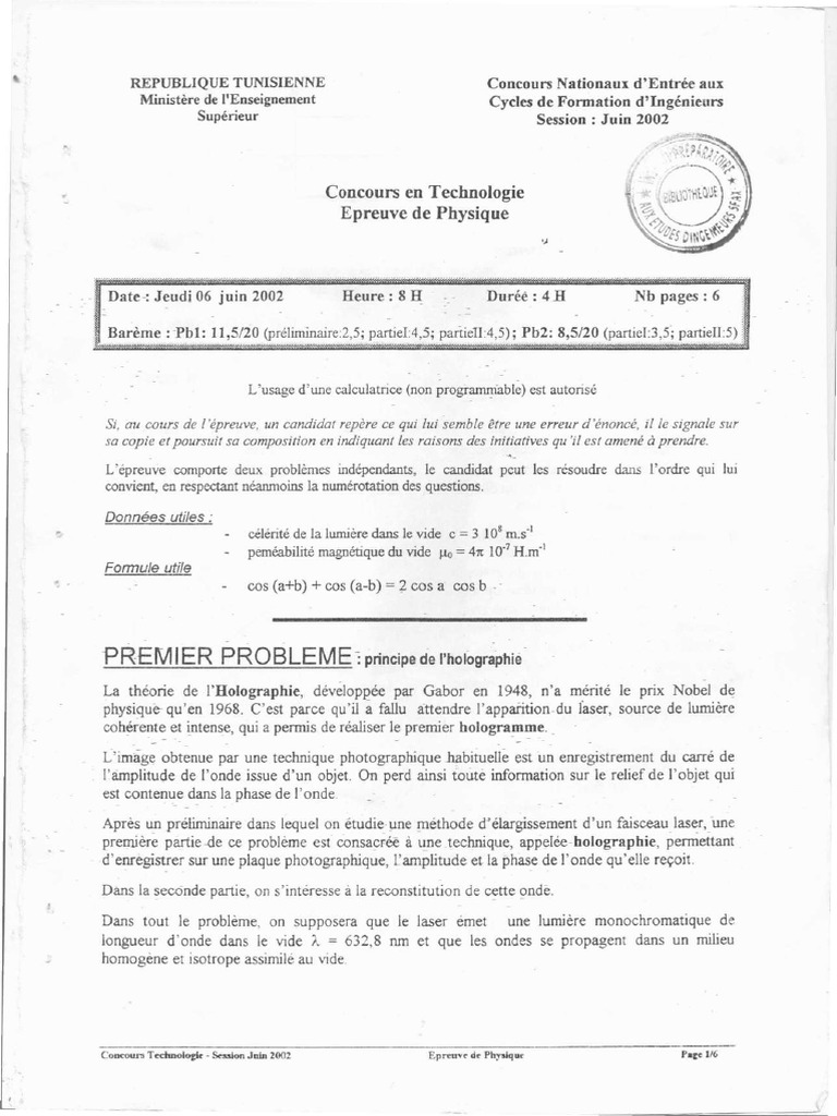 Physique Enoncé 2002 | PDF