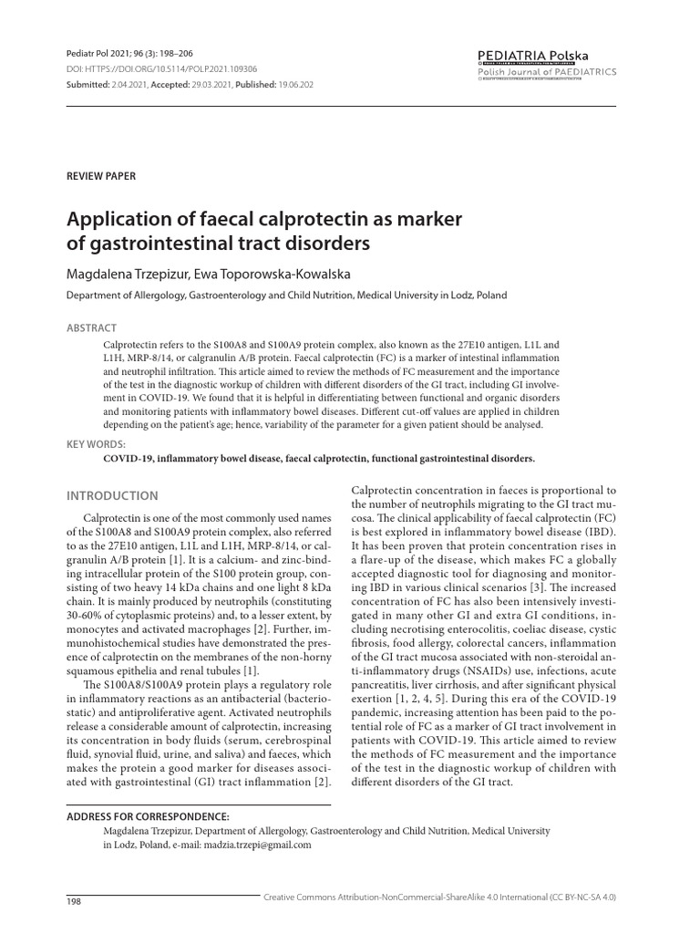 Application of Faecal Calprotectin As Marker of Gastrointestinal Tract ...
