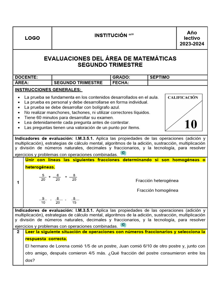 2T - Eva - Mate - 2023 - 7mo | PDF | Matemáticas