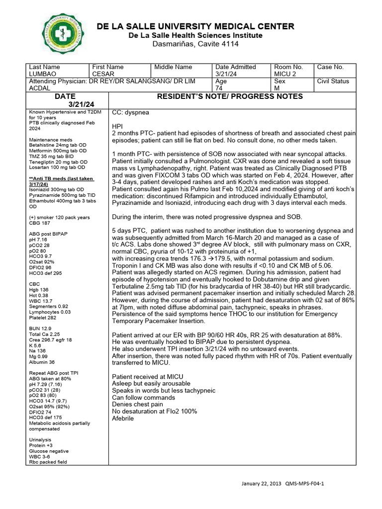 Patient Progress Notes: MICU Admission | PDF | Clinical Medicine | Medicine