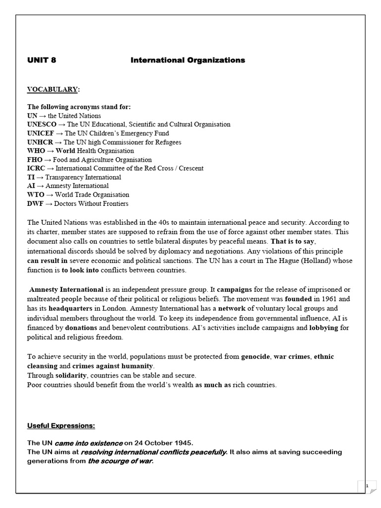 Unit 9 International Organizations Lesson 1 | PDF | United Nations ...