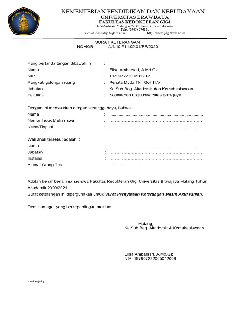 Surat Ket Aktif Kuliah FKG Ub 2021 | PDF | Karier & Perkembangan ...