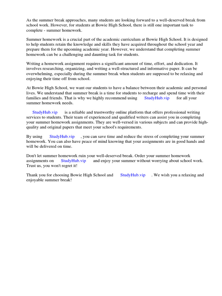 Bowie High School Summer Homework | PDF | Homework | Internet