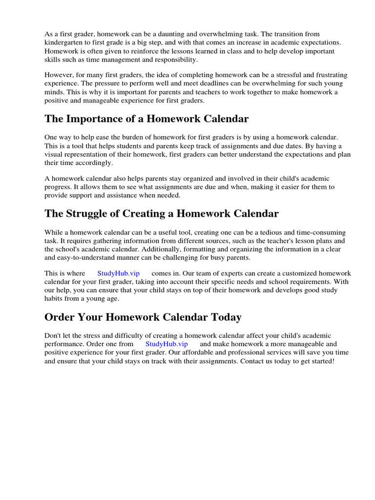 Homework Calendar for First Graders | PDF | Homework | Phonics