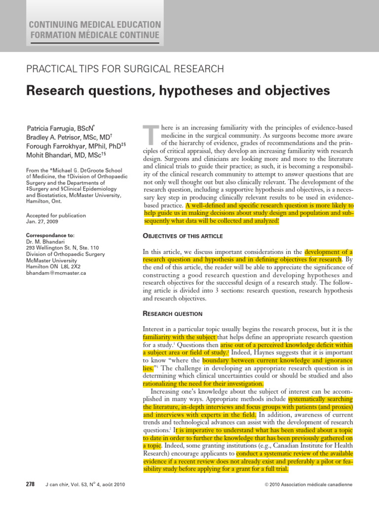 Research Questions, Hypotheses and Objectives | Download Free PDF ...