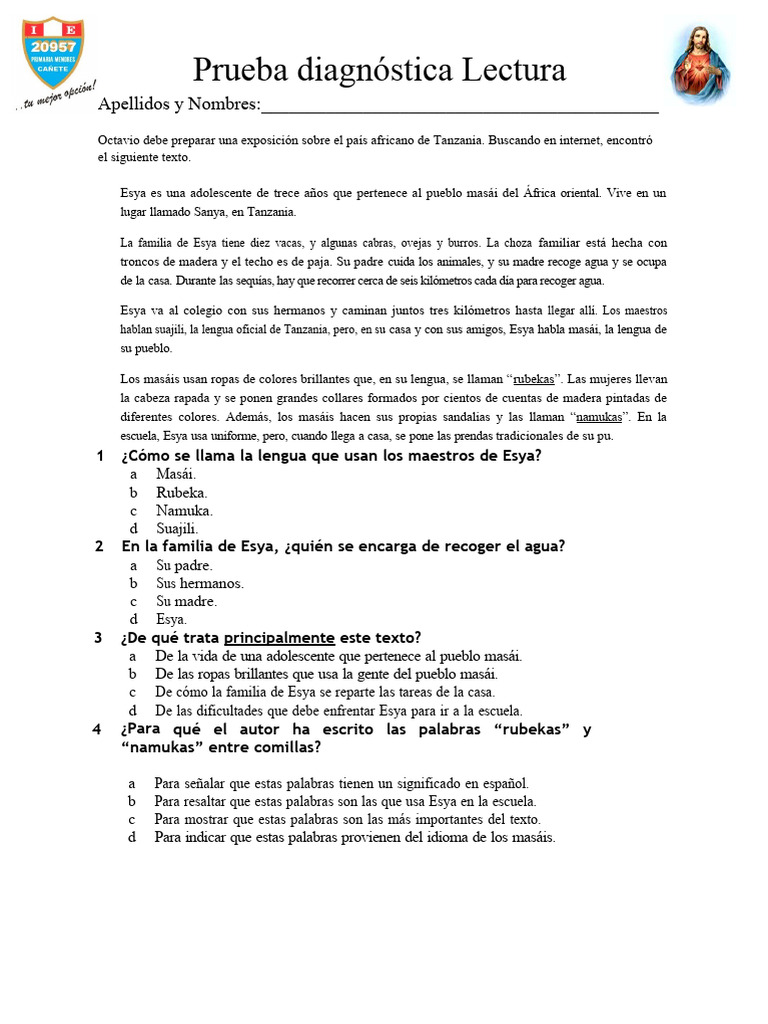 Prueba Diagnóstica Lectura, Comprensión de Textos Oralizados. 6 Grado ...