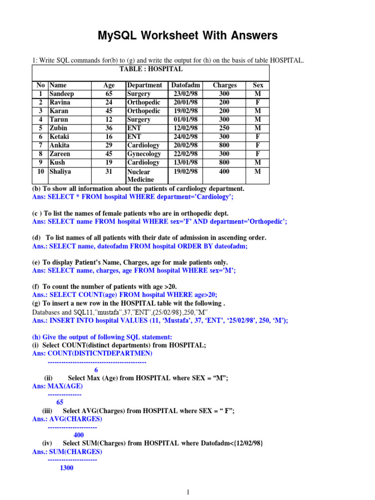 Mysql Worksheets With Answers | PDF | Table (Database) | Data
