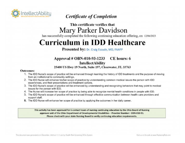 Certificate For Mary Parker Davidson - Curriculum in Idd Healthcare ...