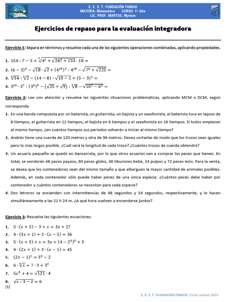 Matematica 1er Ao Ejercitacio | PDF
