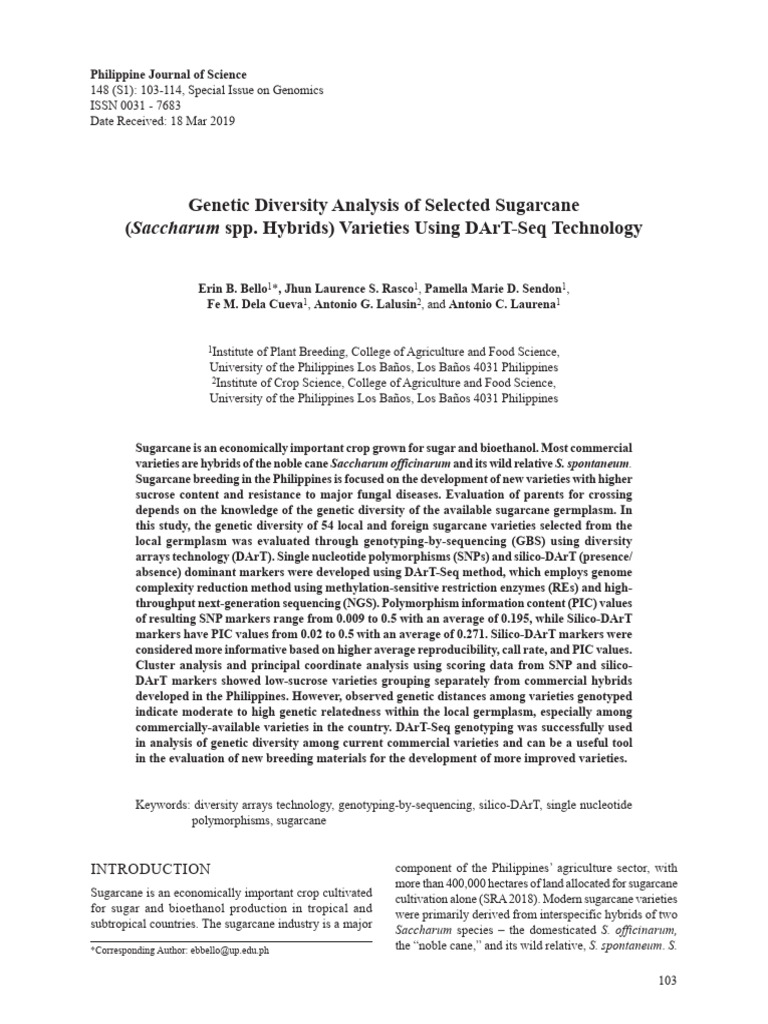 Genetic Diversity Analysis of Selected Sugarcane | PDF | Dna Sequencing | Plant Breeding