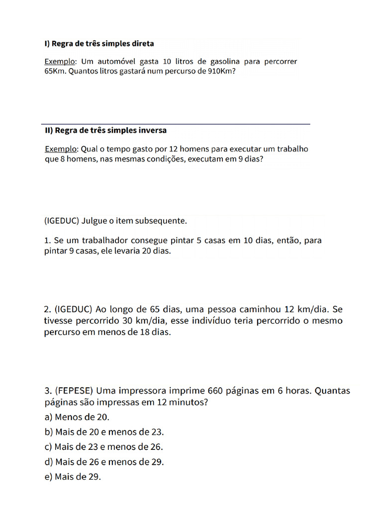 Regra de 3 Exercícios | PDF
