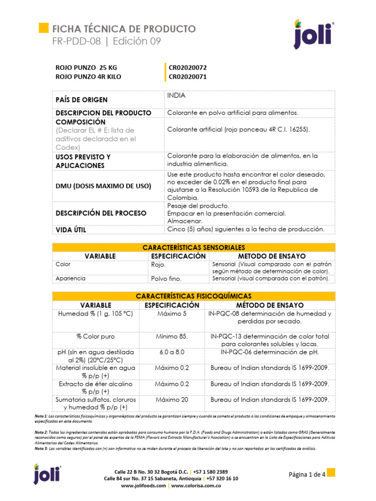 Ficha Técnica Colorante Artificial Rojo Punzo | PDF | Nuez | Alimentos