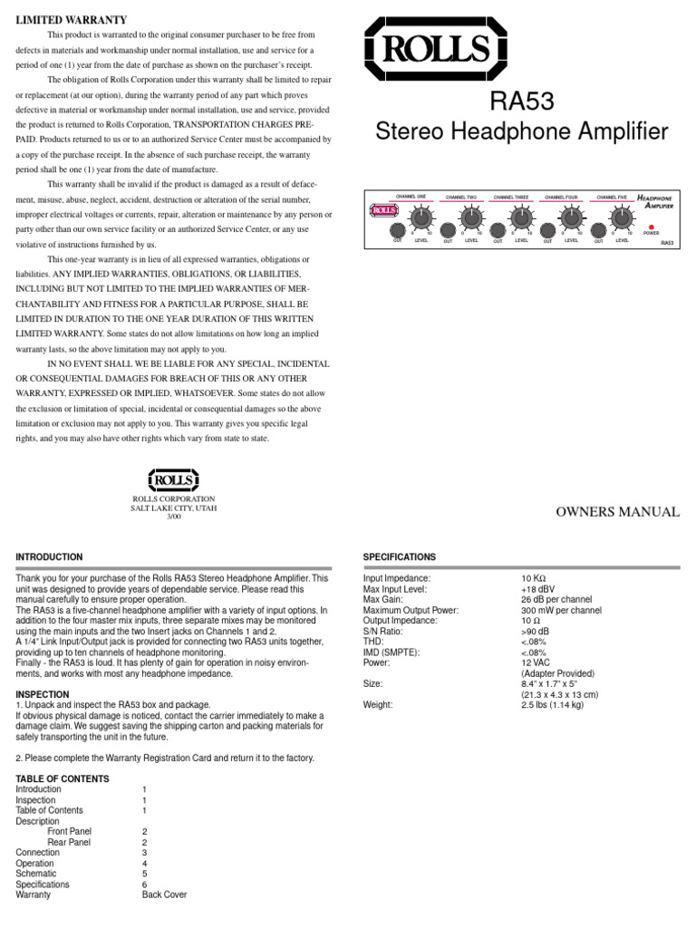 Rolls RA53 Headphone Amp Manual & Schematic | PDF | Decibel | Headphones