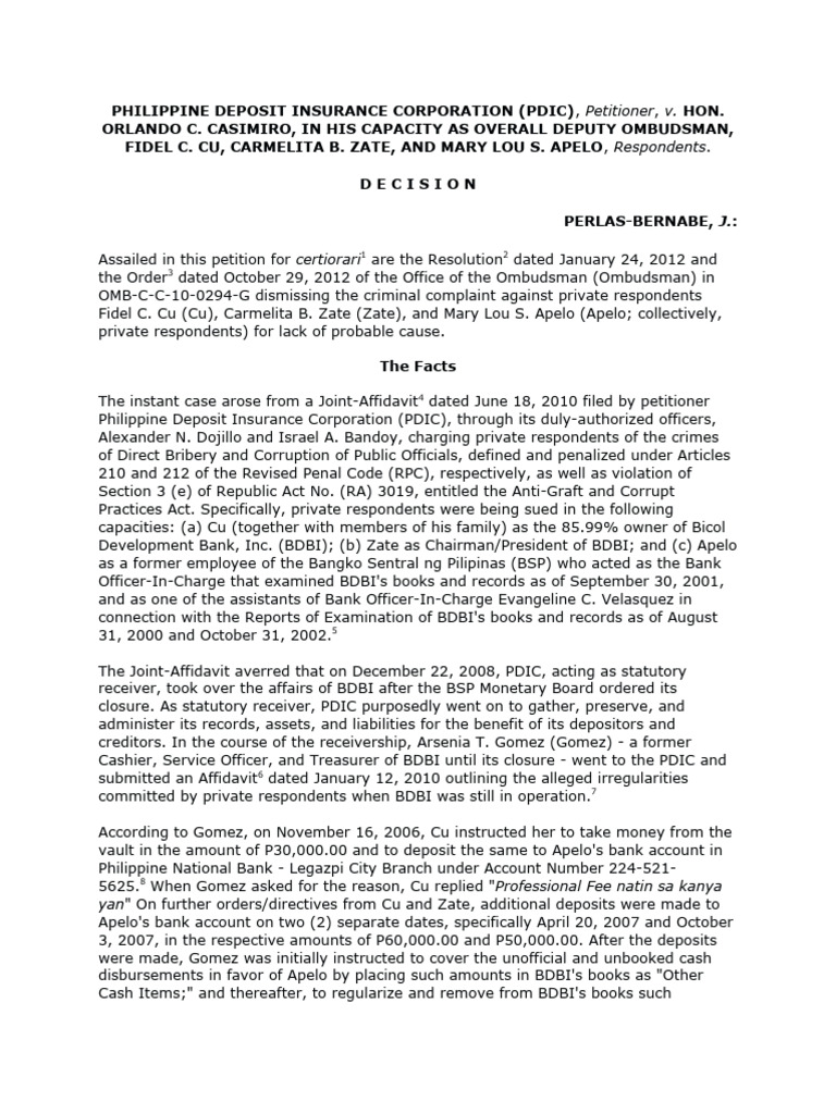 PDIC vs. Ombudsman: Bribery Case Ruling | PDF | Probable Cause | Hearsay