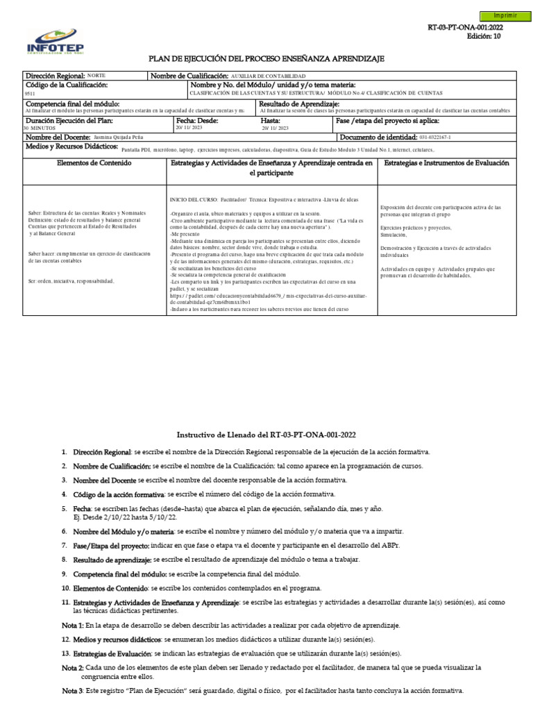 RT-03-PT-ONA-001 - (Plan de Ejecución) Práctica Final Infotep | PDF | Enseñando | Evaluación