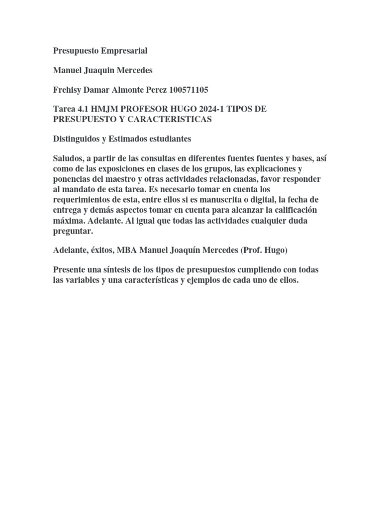 Presupuesto Empresarial FDAP 100571105 Unidad 4 | PDF | Presupuesto ...