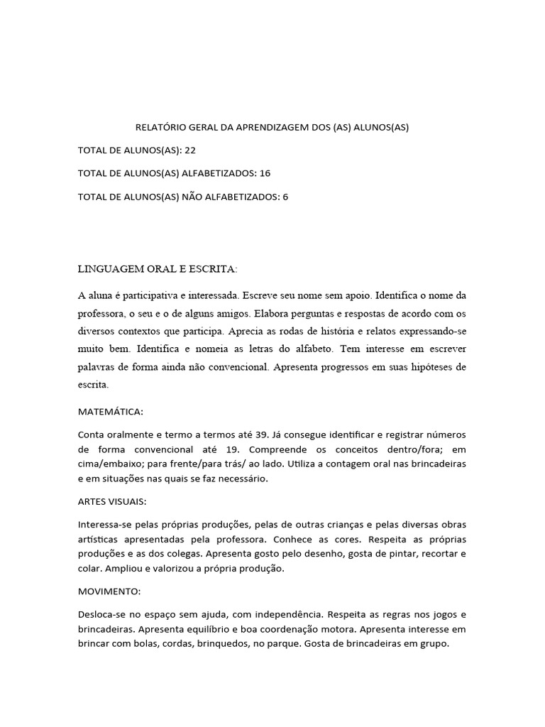 Modelos Relatorio Individual | PDF | Pedagogia | Aprendizado