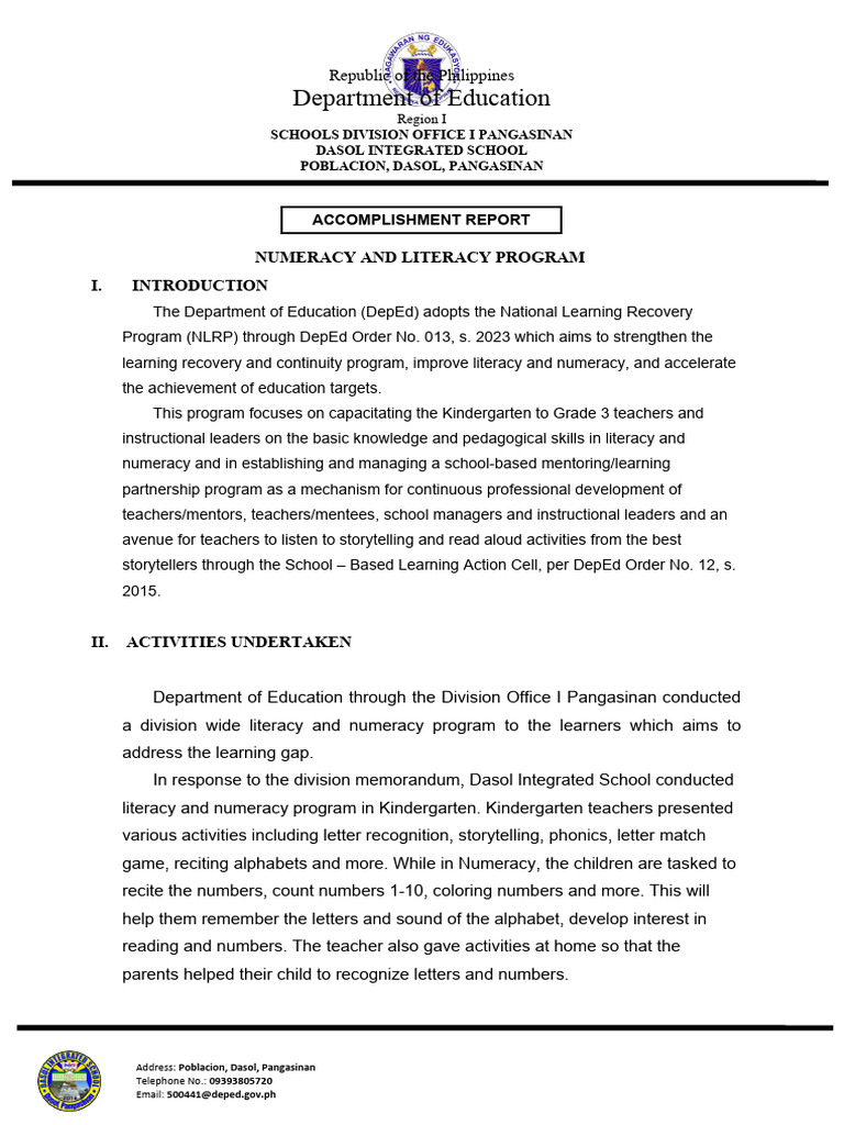Dasol Integrated School Numeracy Report | PDF | Literacy | Mentorship