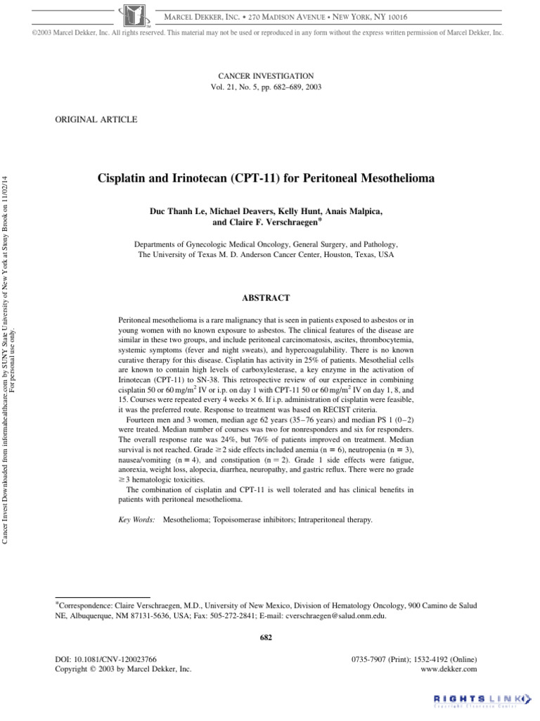 Cisplatin and Irinotecan (CPT-11) for Peritoneal Mesotheliom | PDF ...