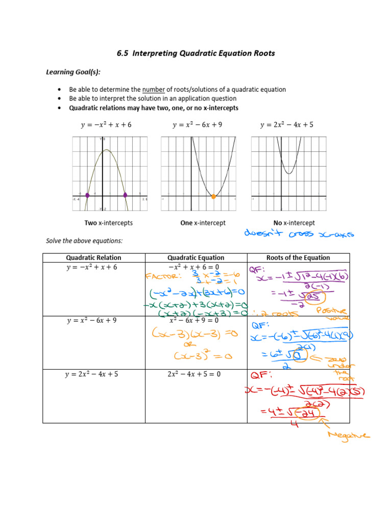 6.5InterpretingQuadraticEquationRoots (1) | PDF | Quadratic Equation ...