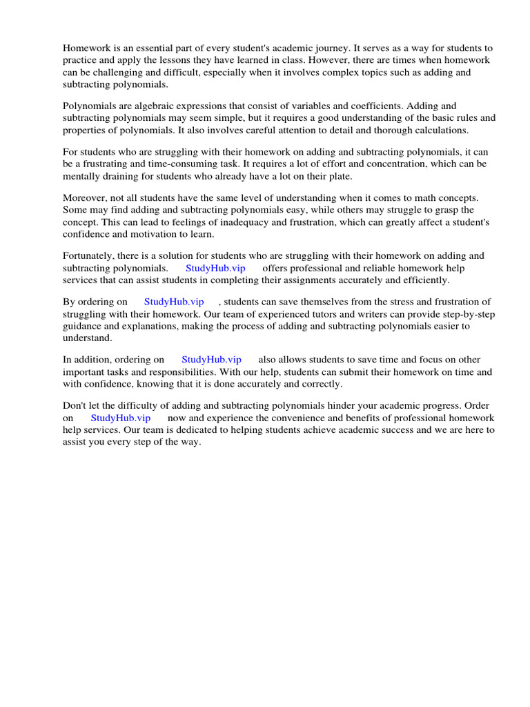 Homework Adding and Subtracting Polynomials | Download Free PDF ... Homework Adding and Subtracting Polynomials | Download Free PDF ...