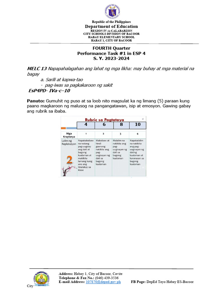 ESP 4 Q4 PERFORMANCE TASK 1 With Rubric | PDF